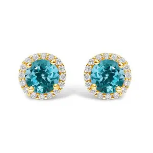 HAUS OF BRILLIANCE 10k Gold Gemstone And Diamond Halo Stud Earrings - Yellow | Blue Topaz